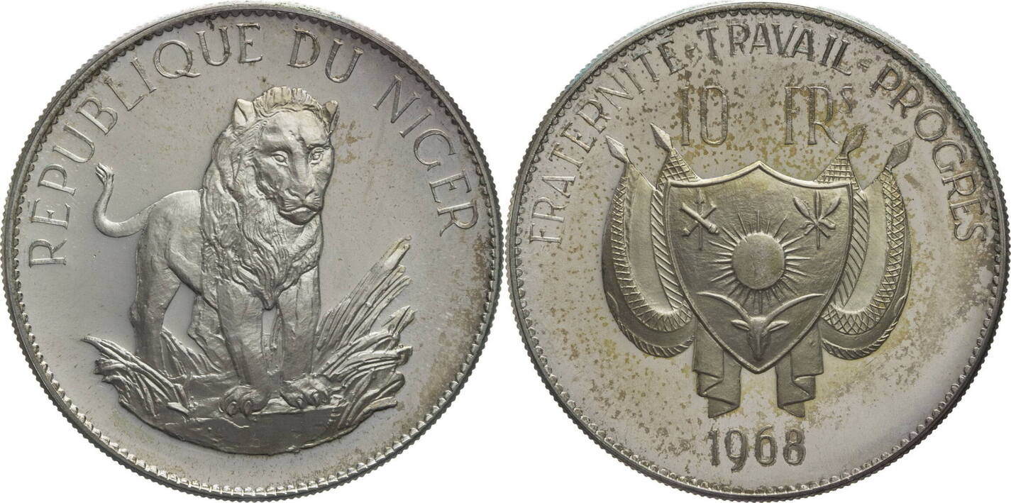 Niger 10 Francs 1968 Löwe - Fraternite Travail Progres Proof | MA-Shops