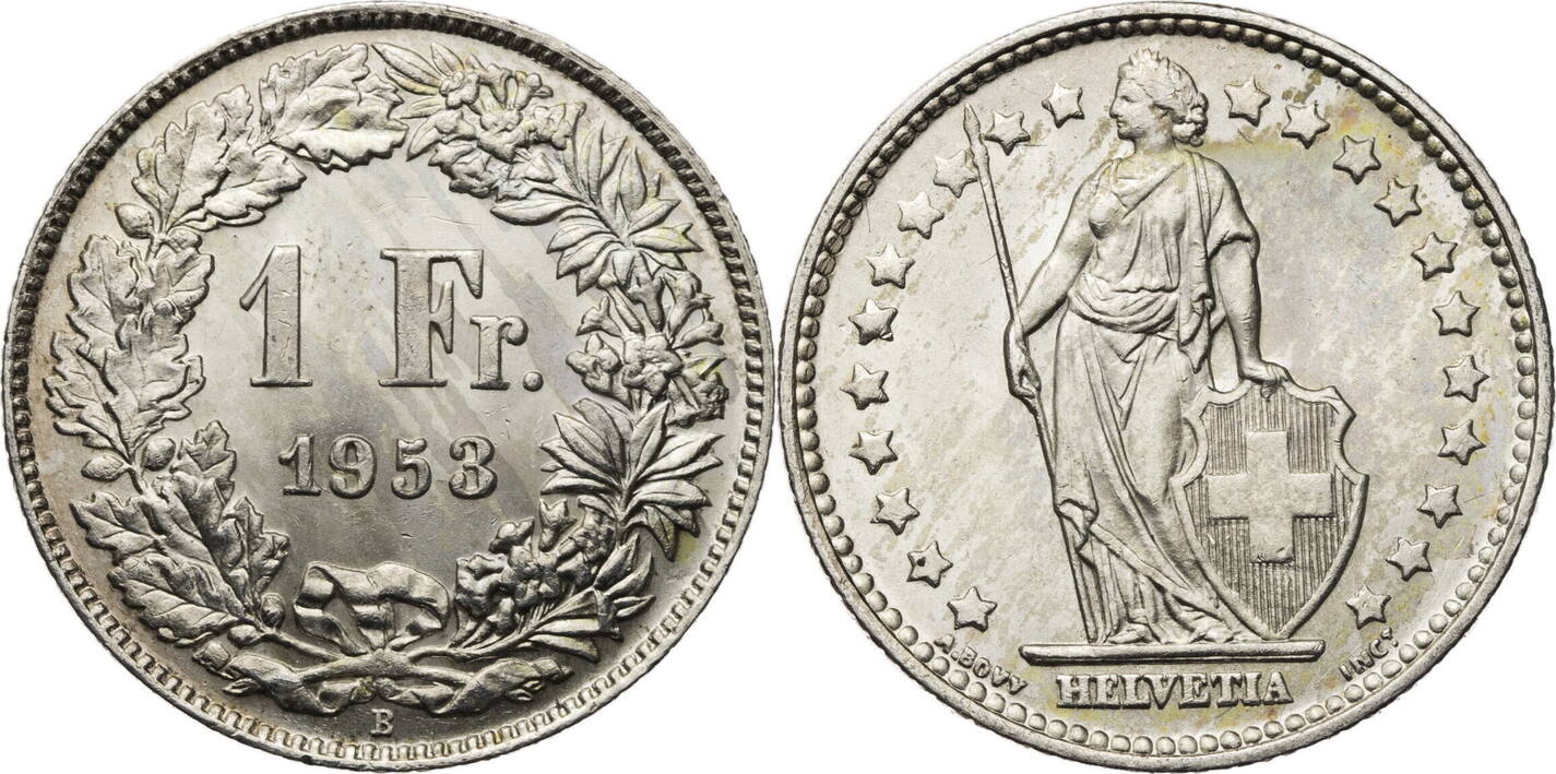 Schweiz 1 Franken 1953 B Helvetia - Kursmünze (1875-1967) AU | MA-Shops