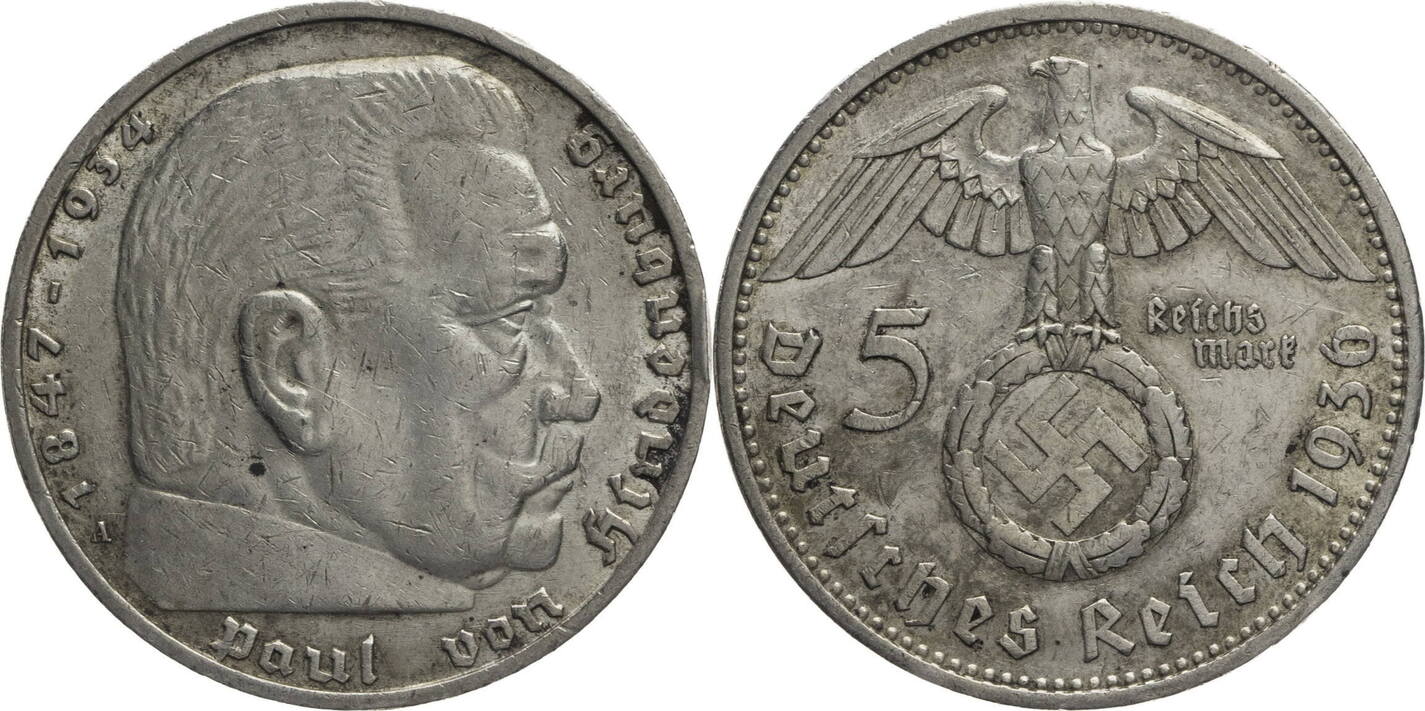 Drittes Reich 5 Reichsmark 1936 A Hindenburg - Kursmünze (1936-1939) VF ...