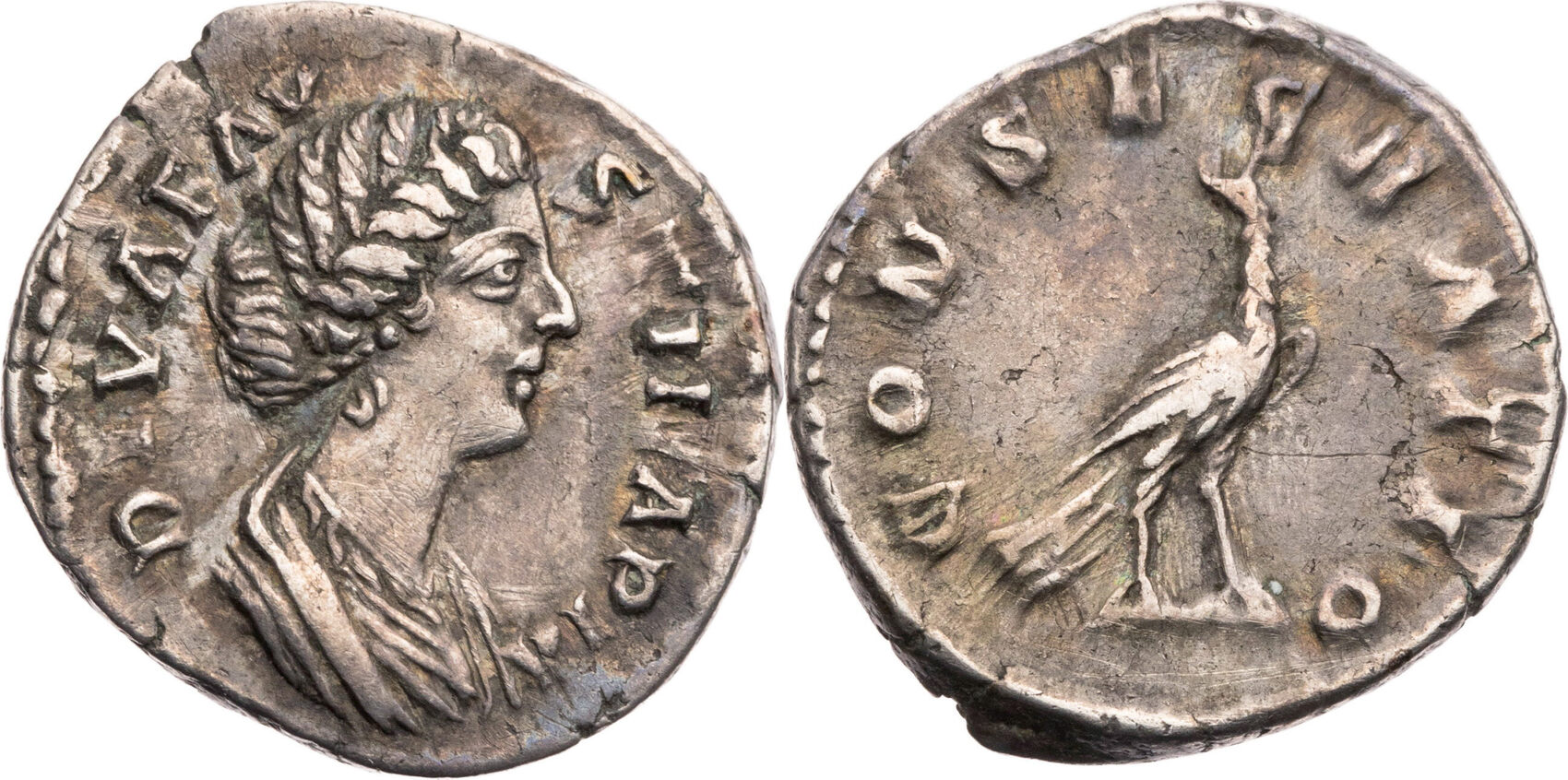Römische Kaiserzeit Denar 176-180 n. Chr. Diva Faustina minor, Büste / CONSECRATIO, Pfau, ex ...