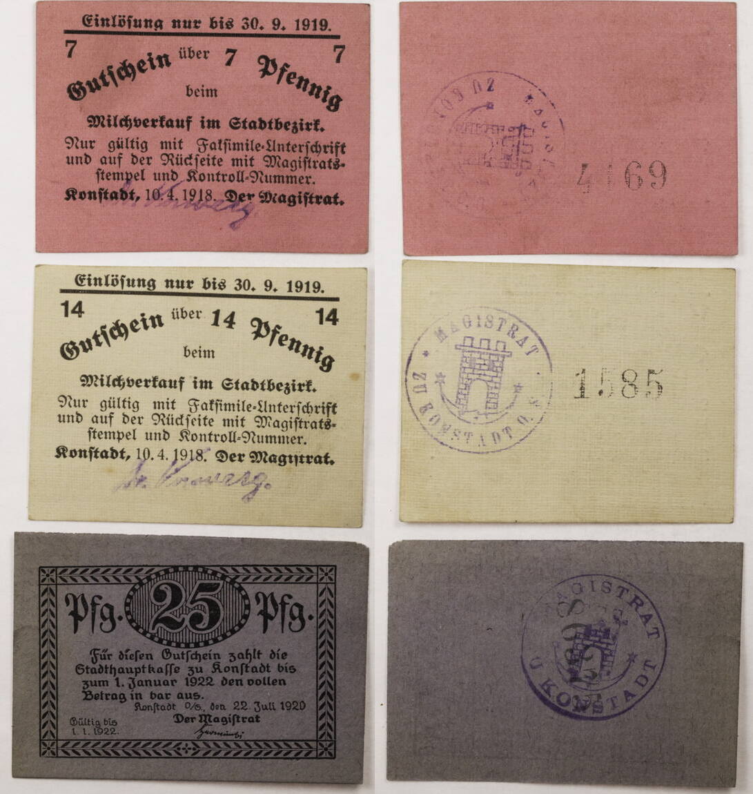 Konstadt, Schlesien 7 Pfennig, 14, Pfennig, 25 Pfennig 1918, 1920 ...