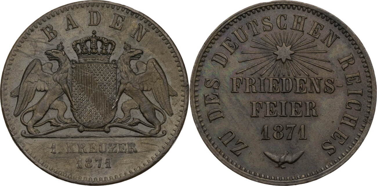 Baden, Großherzogtum 1 Kreuzer Friedrich I. (1856–1907) - Auf die Friedensfeier 1871 VF | MA-Shops