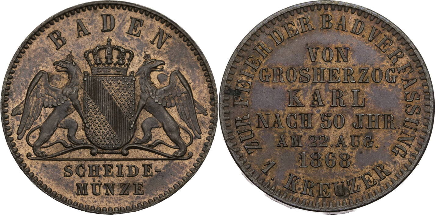 Baden 1 Kreuzer 1868 Friedrich I. (1856–1907) - Gedenkkreuzer 50 Jahre Verfassung VF | MA-Shops
