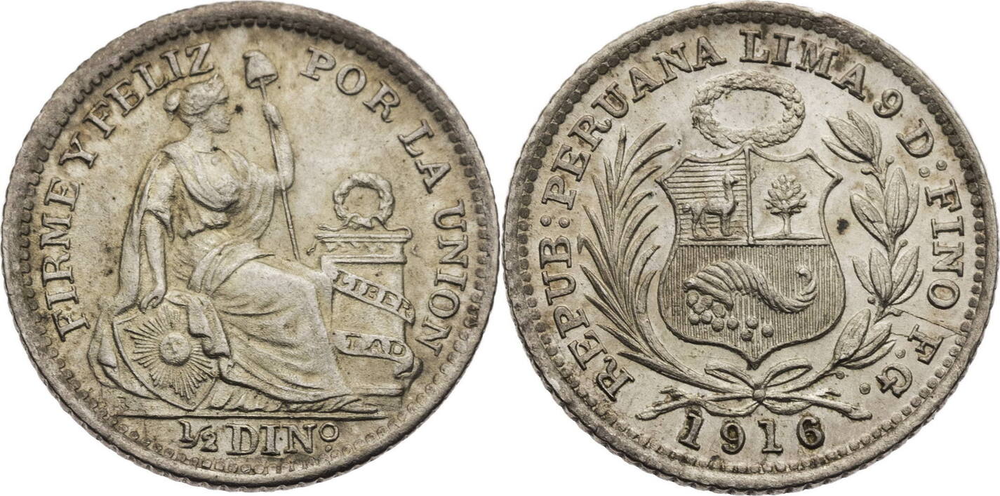 Peru 1/2 Dinero 1916 FG Kursmünze (1890-1917) VF-EF | MA-Shops