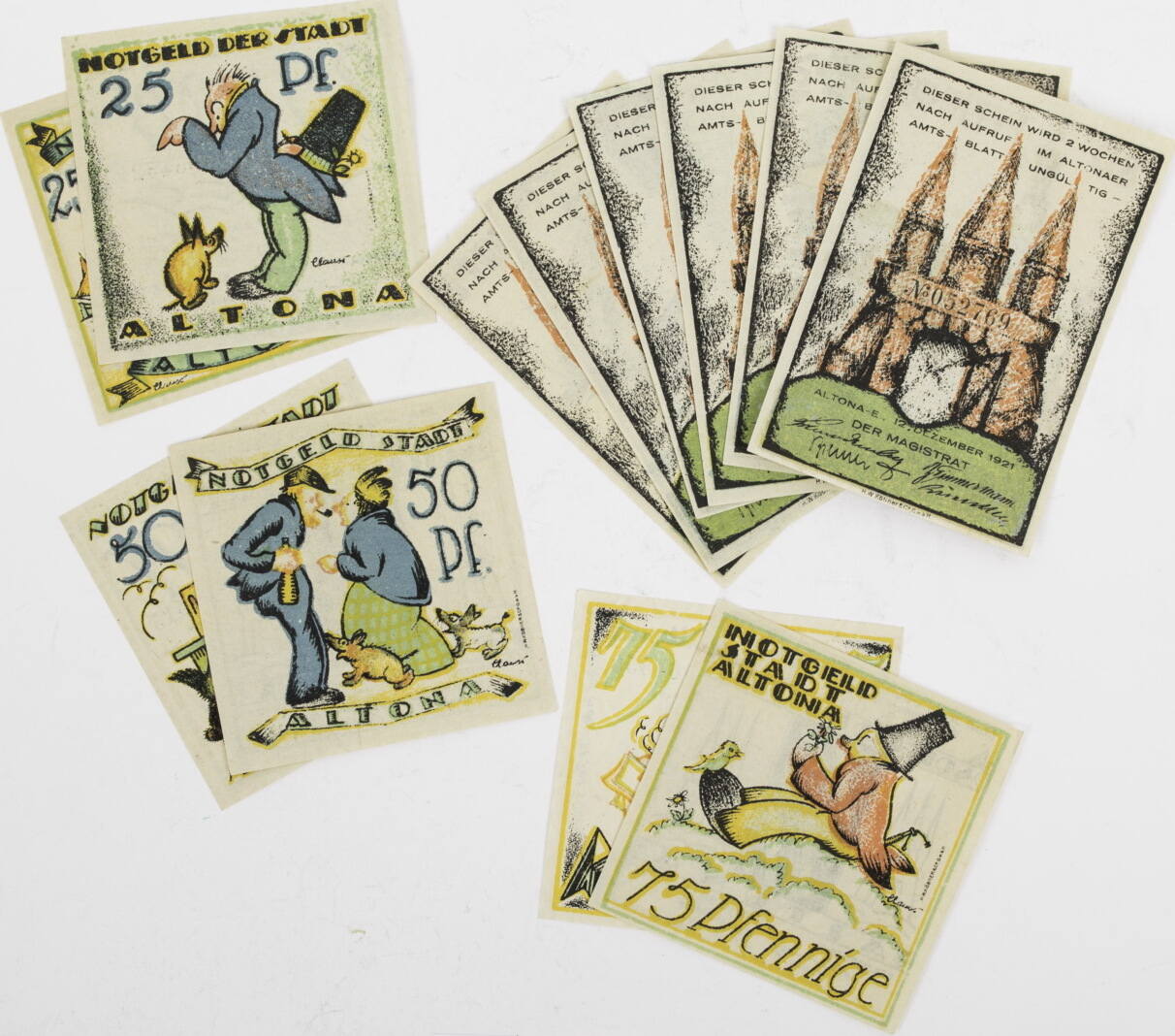 Altona 20, 25, 30, 40, 50, 60, 70, 75, 80 Pfennige 12.12.1921 2 komplette Serien von 12 Scheinen ...