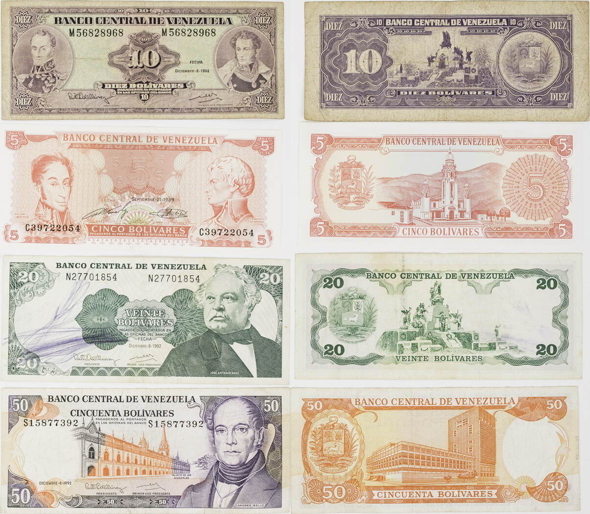 Venezuela 5, 10, 20, 50 Bolivares 1989, 1992 Lot von 4 verschiedenen ...