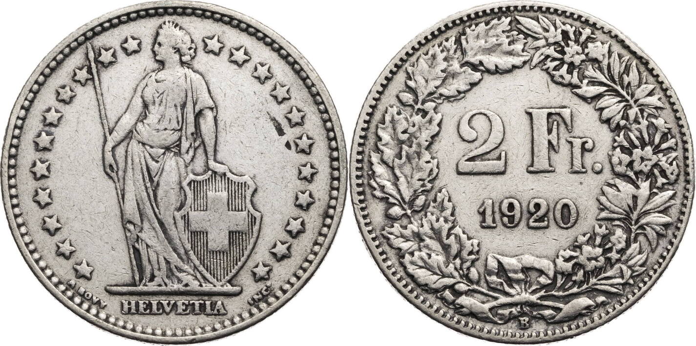 Schweiz 2 Franken 1920 B Helvetia - Kursmünze (1874-1967) VF | MA-Shops