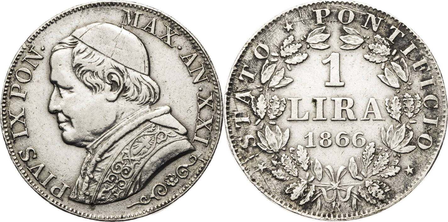 Vatikan 1 Lira 1866 Pius IX. (1846-1878) - Kursmünze (1866-1868) F-VF | MA-Shops