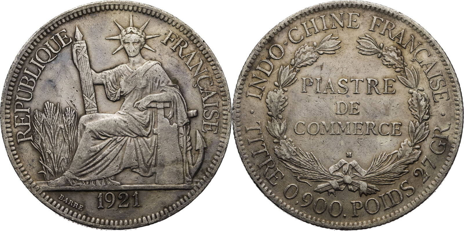 Indochina, Frankreich 1 Piaster 1921 H Kursmünze (1885-1928) F-VF | MA ...