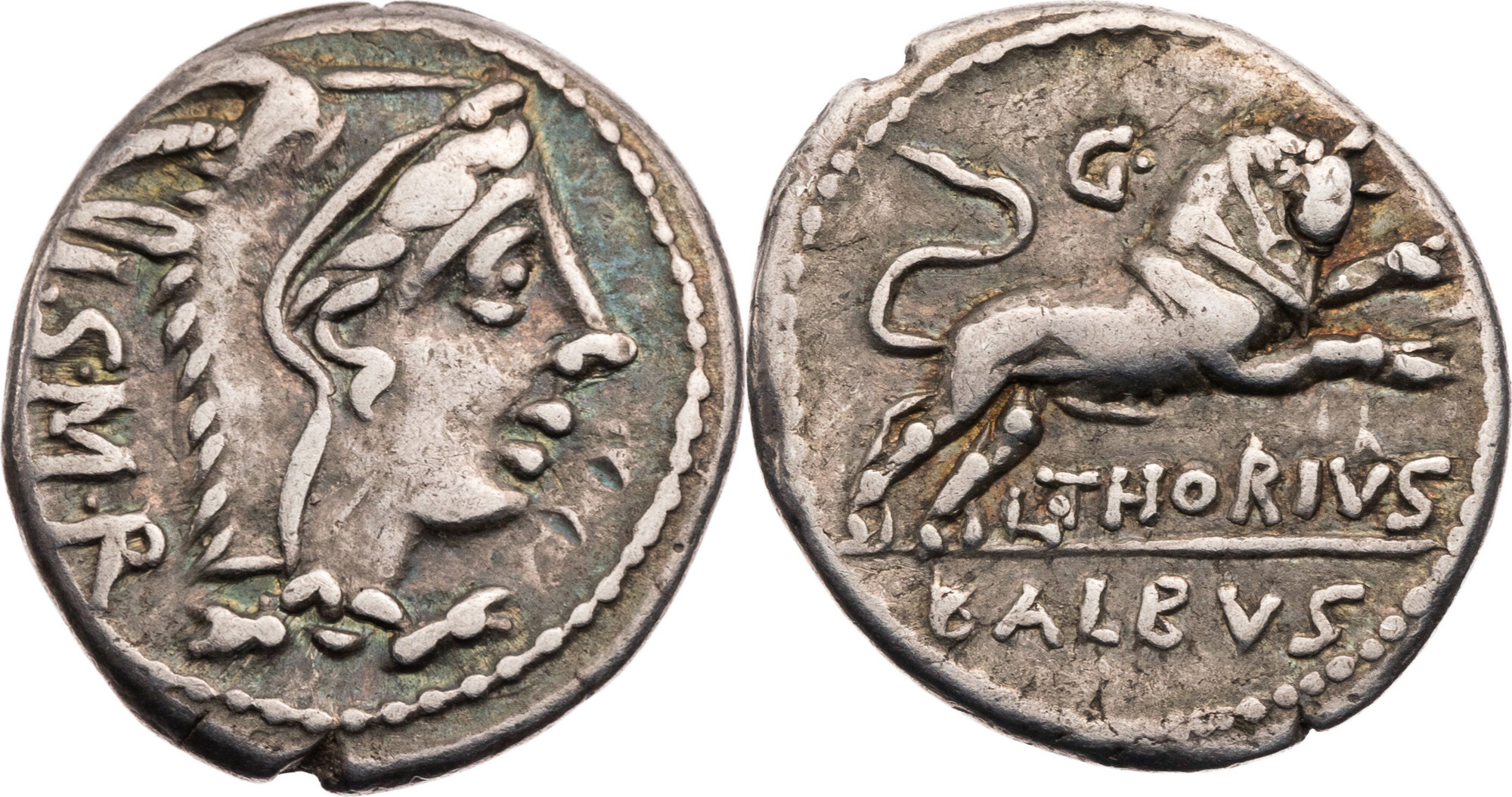 Römische Republik Denar 105 v. Chr. L. Thorius Balbus, Kopf der Iuno ...