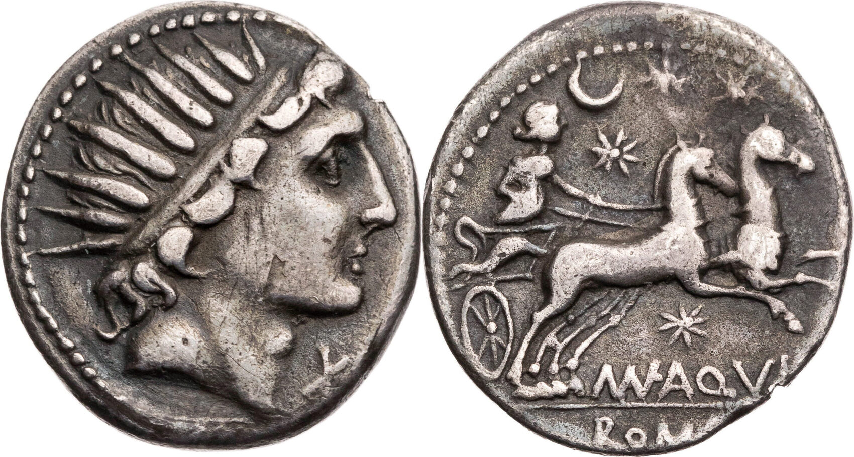 Römische Republik Denar 109/108 v. Chr. Mn. Aquillius, Kopf des Sol ...