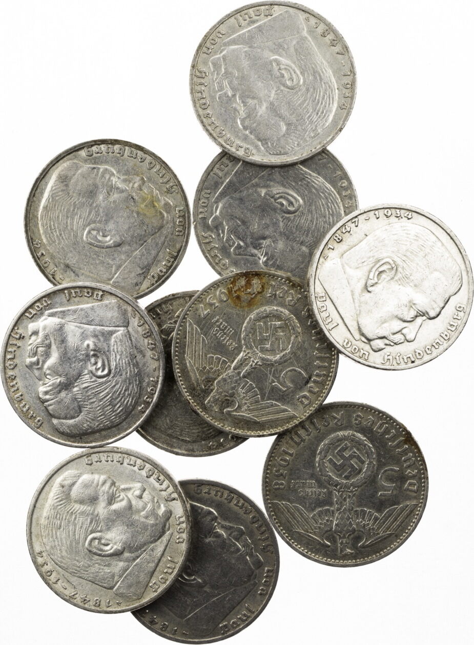 Drittes Reich 10x 5 Reichsmark 1936-1938 10x Paul von Hindenburg ...