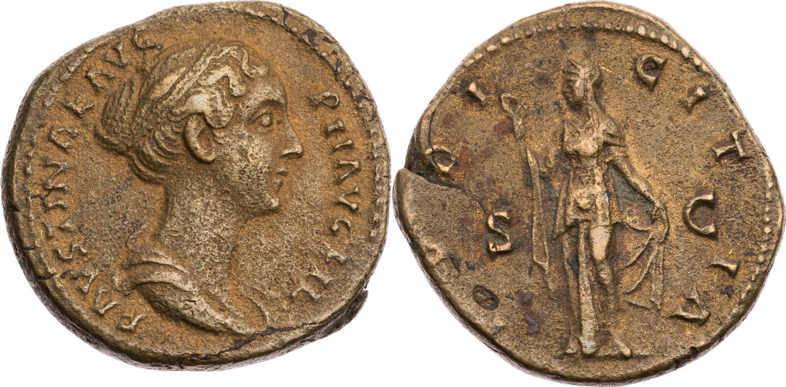 Römische Kaiserzeit Dupondius 147-150 n. Chr. Faustina minor, Büste / PVDICITIA, Pudicitia rafft ...