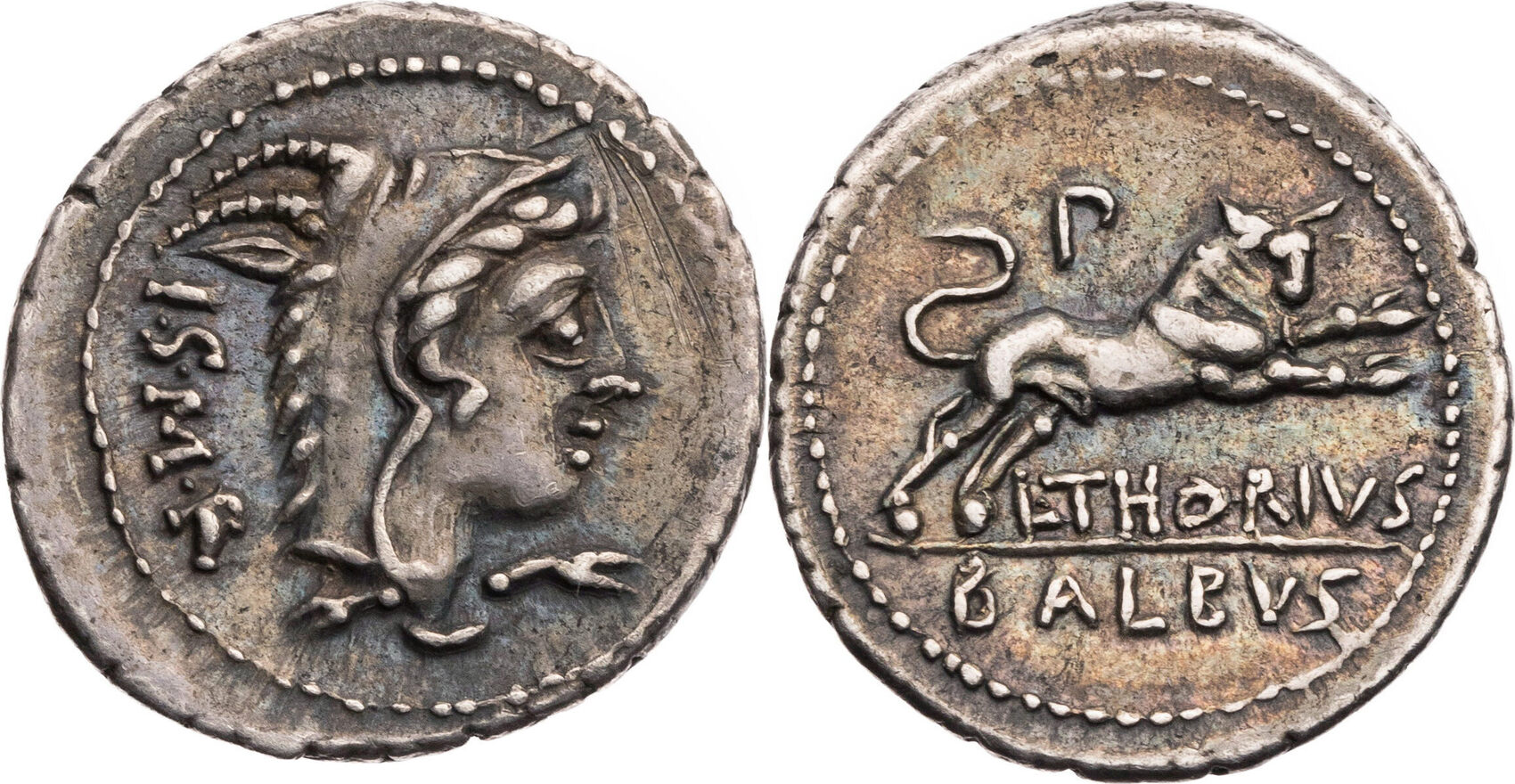 Römische Republik Denar 105 v. Chr. L. Thorius Balbus, Kopf der Iuno ...