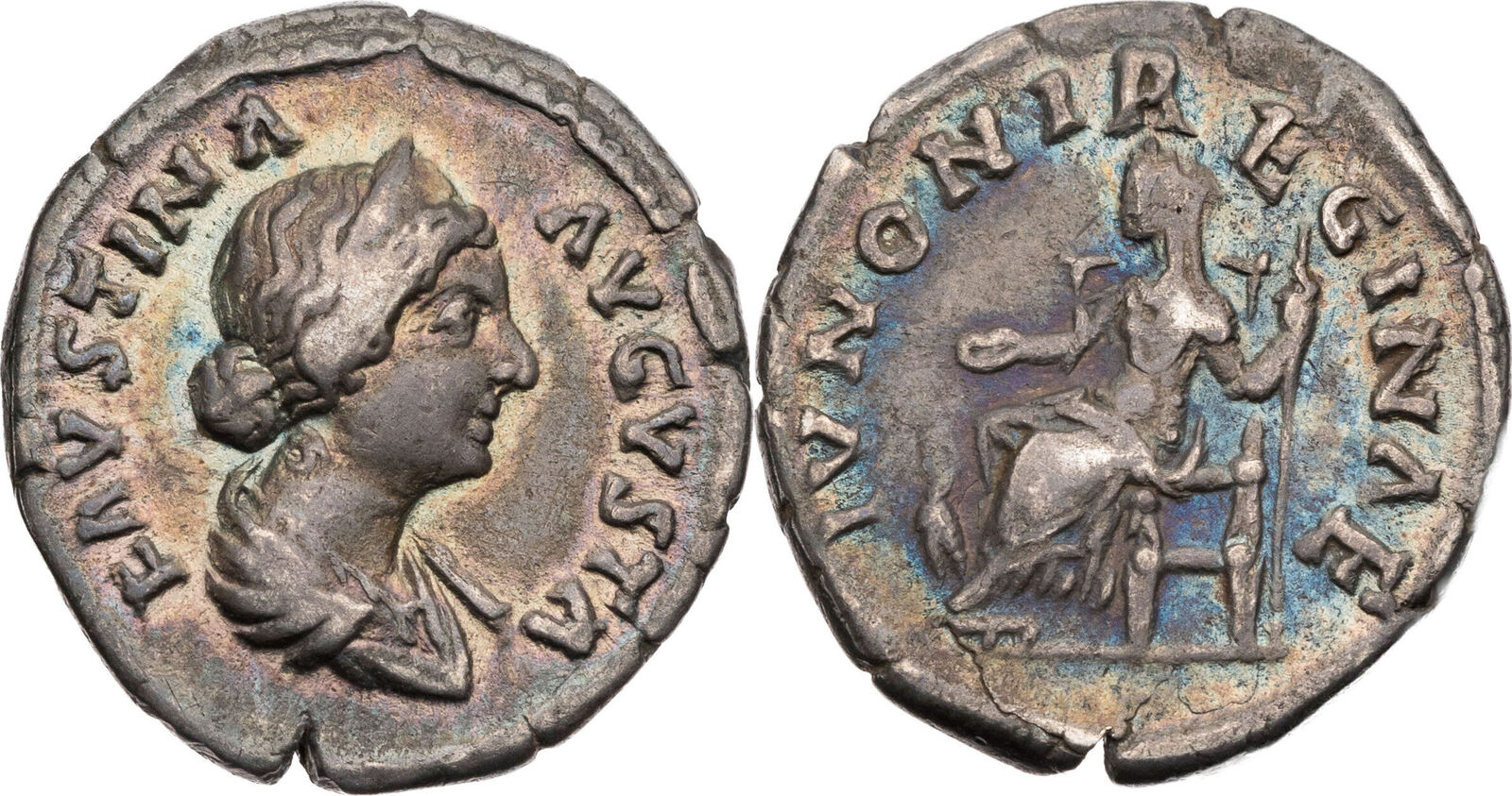 Römische Kaiserzeit Denar 161-176 n. Chr. Faustina minor, Büste / IVNONI REGINAE, Iuno mit ...