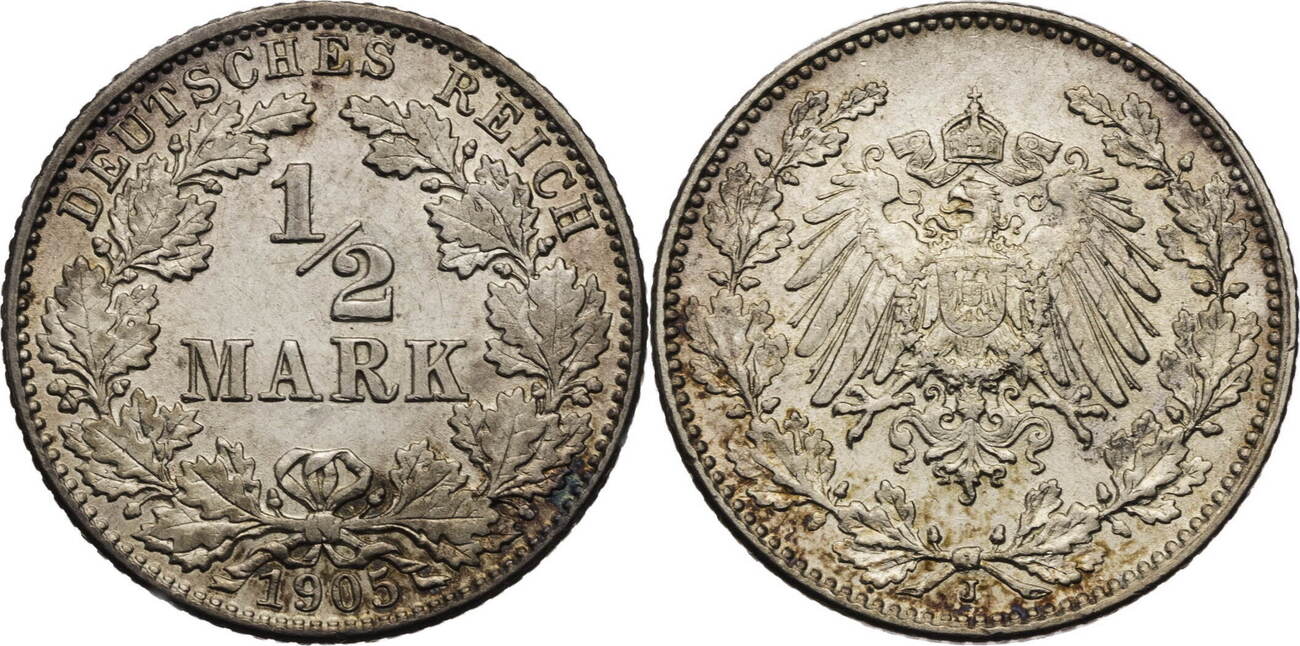 Kaiserreich ½ Mark 1905 J Kursmünze (1905-1919) VF-EF | MA-Shops
