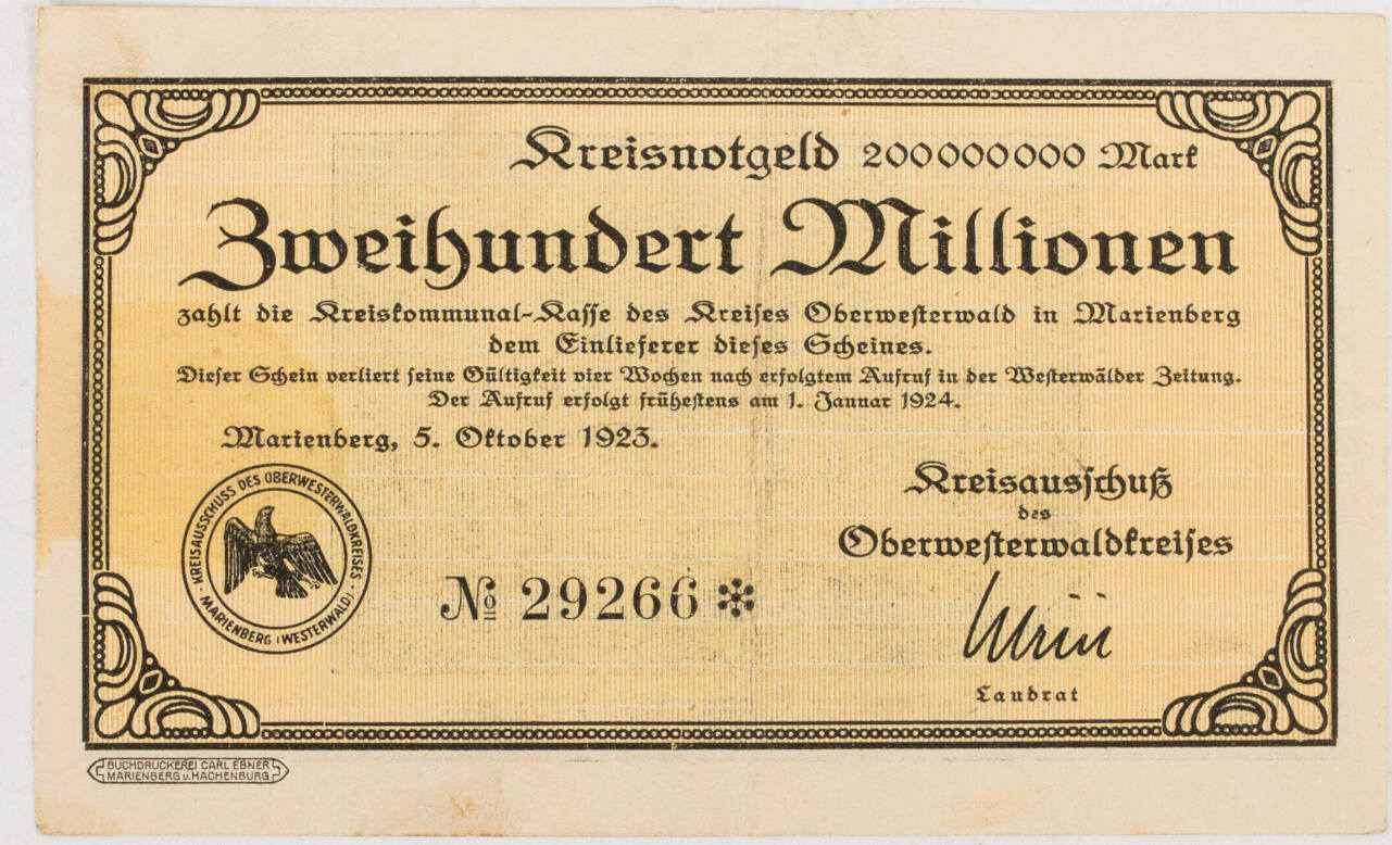 Oberwesterwaldkreis (Hessen-Nassau), Marienberg 2000000 Mark 5.10.1923 ...