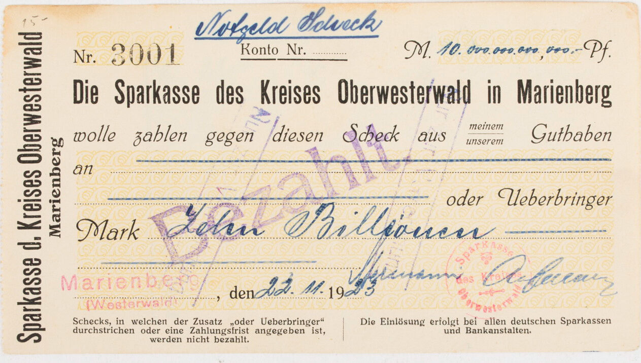 Oberwesterwaldkreis (Hessen-Nassau), Marienberg 10000000000 Mark 23.11. ...