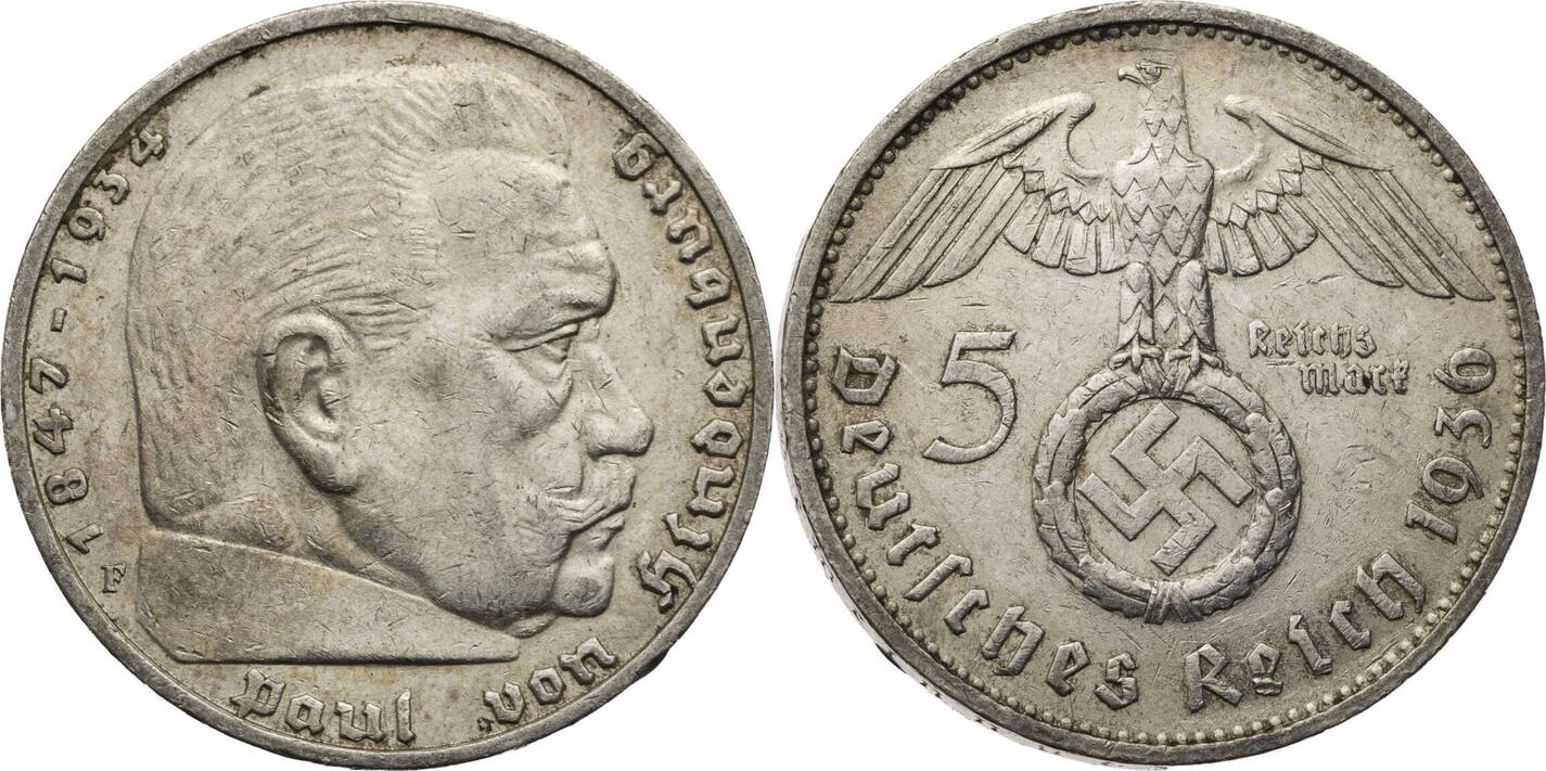Drittes Reich 5 Reichsmark 1936 F Hindenburg - Kursmünze (1936-1939) VF ...