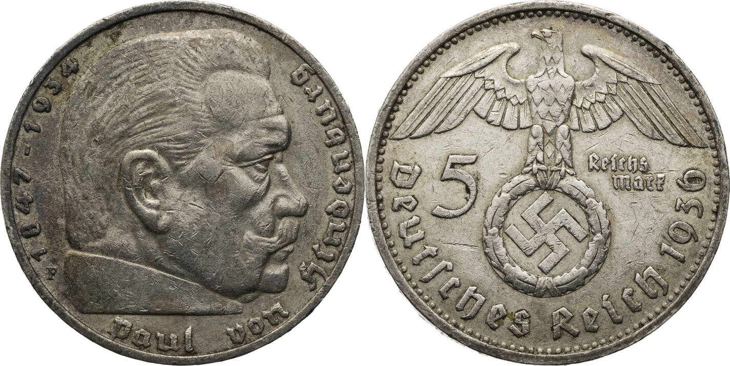 Drittes Reich 5 Reichsmark 1936 F Hindenburg - Kursmünze (1936-1939) VF ...