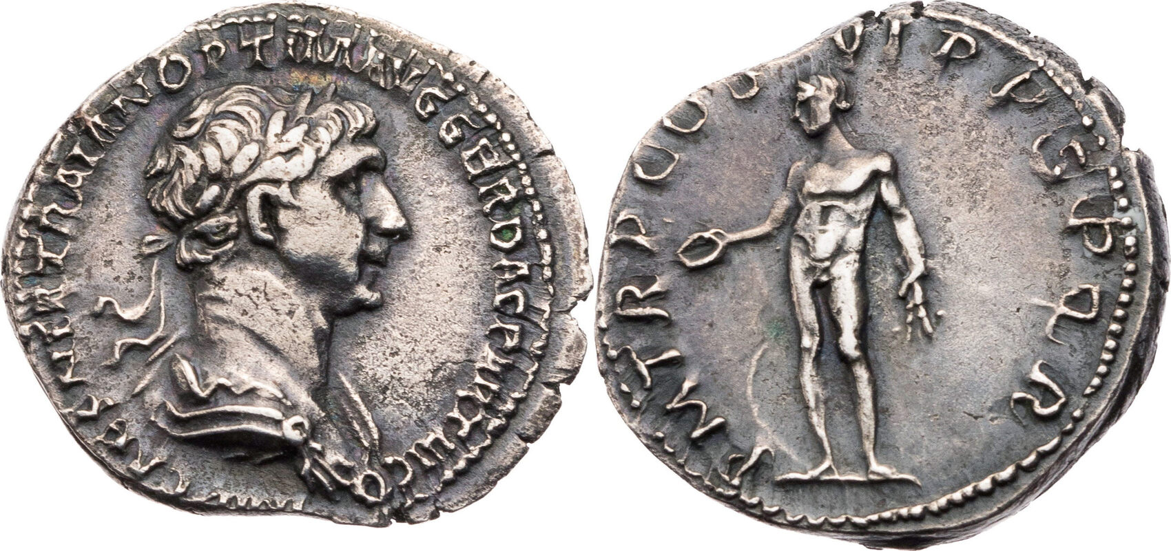 Römische Kaiserzeit Denar 116 n. Chr. Traianus, Büste / Bonus Eventus ...