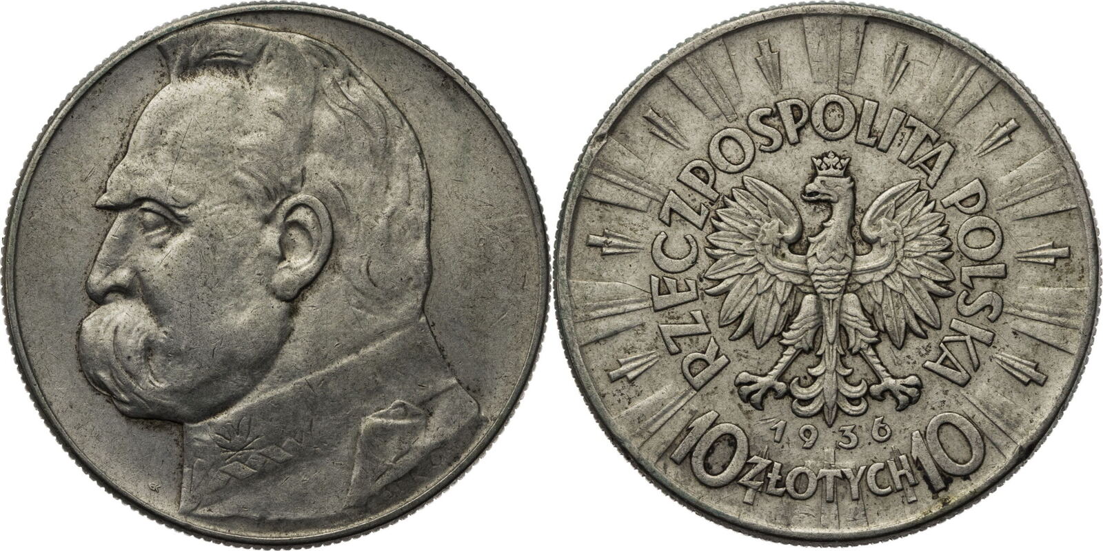 Polen 10 Zlotych 1936 Józef Piłsudski - Kursmünze (1934-1939) VF | MA-Shops