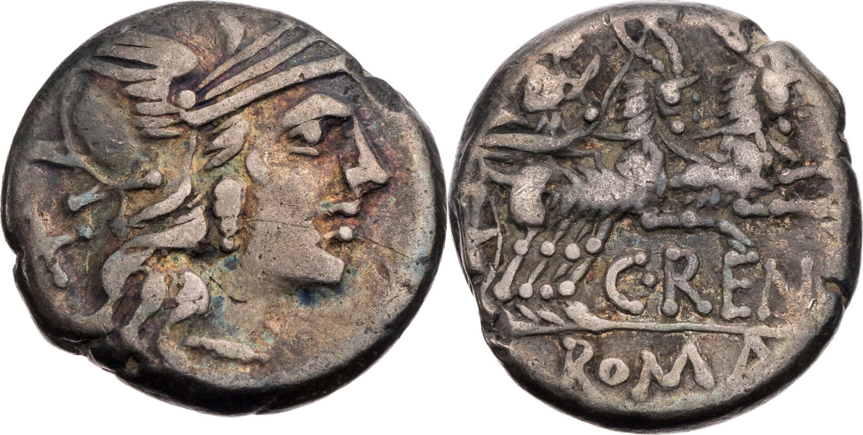 Römische Republik Denar 138 v. Chr. C. Renius, Kopf der Roma / Iuno ...