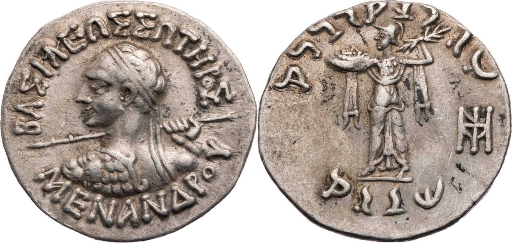 Baktrien, Königreich Drachme 155-130 v. Chr. Menander I. Soter, Büste ...
