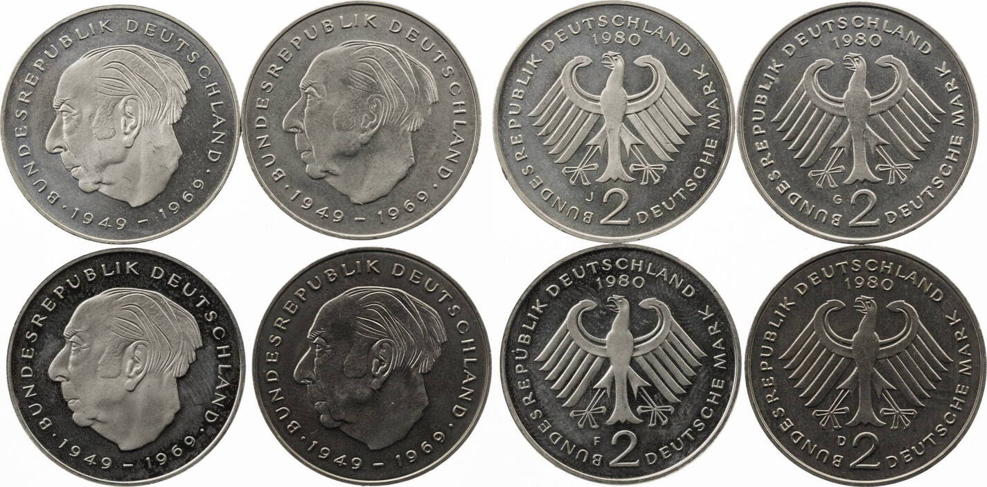 Bundesrepublik Deutschland 4 x 2 DM 1980 DFGJ 2 D-Mark Kursmünzen ...