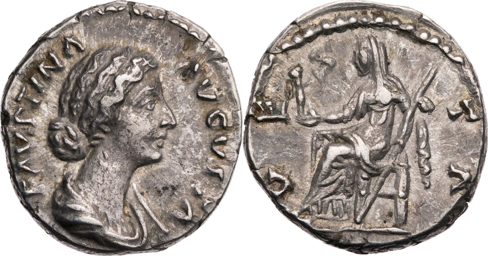 Römische Kaiserzeit Denar 165-170 n. Chr. Faustina minor, Büste / VESTA, Vesta mit Palladium und ...