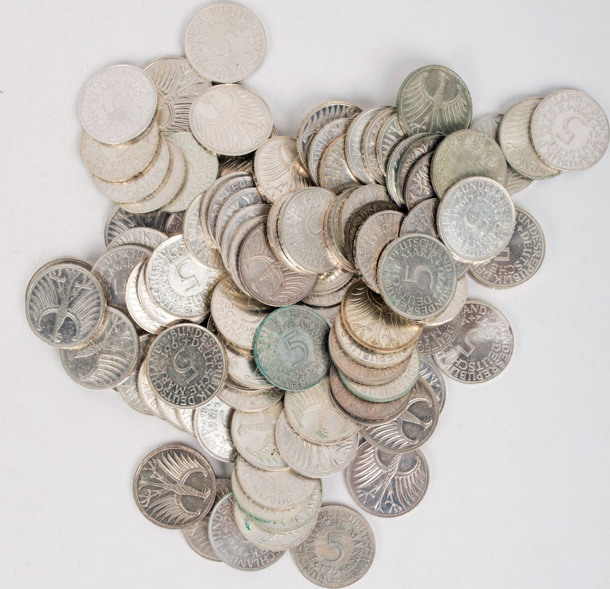 Bundesrepublik Deutschland 100 x 5 DM 1951-1974 DFGJ Lot von 100 Münzen ...