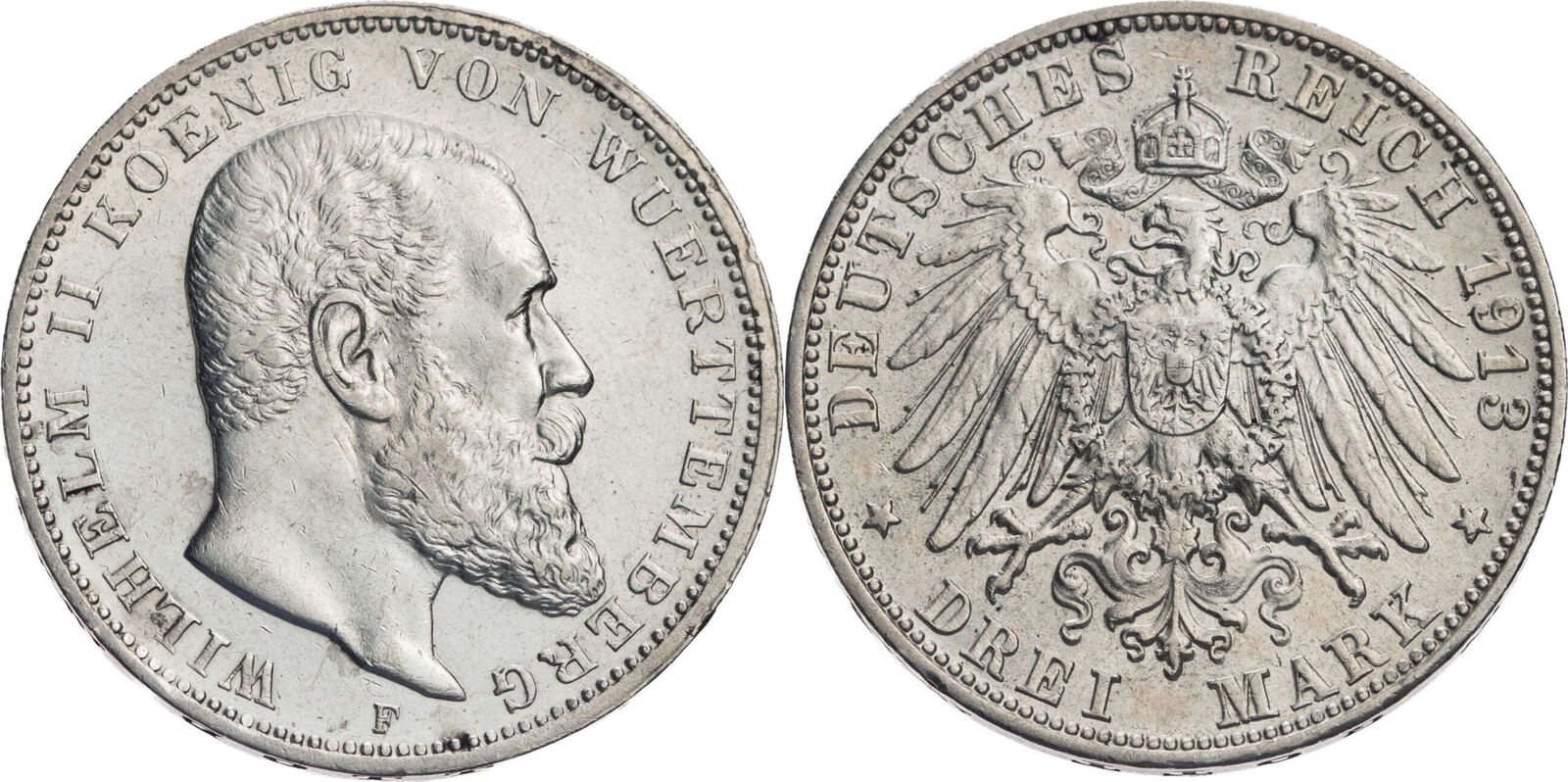 Kaiserreich, Württemberg 3 Mark 1913 F Wilhelm II. (1891 bis 1918) - Kursmünze (1908-1914) VF ...