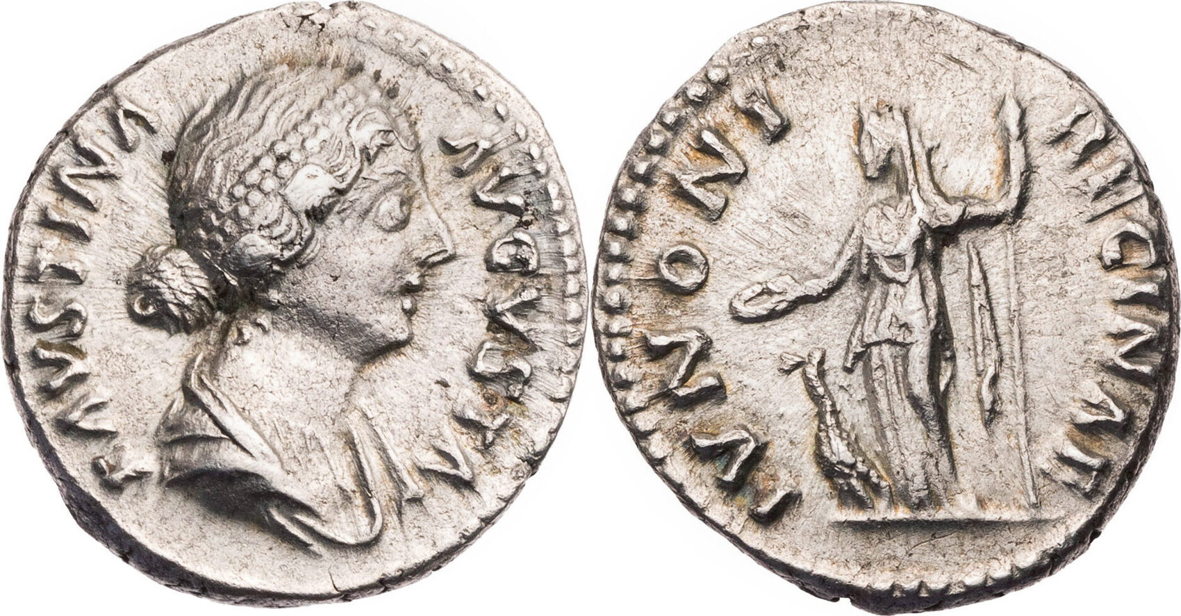 Römische Kaiserzeit Denar 161-176 n. Chr. Faustina minor, Büste / IVNONI REGINAE, Iuno mit ...