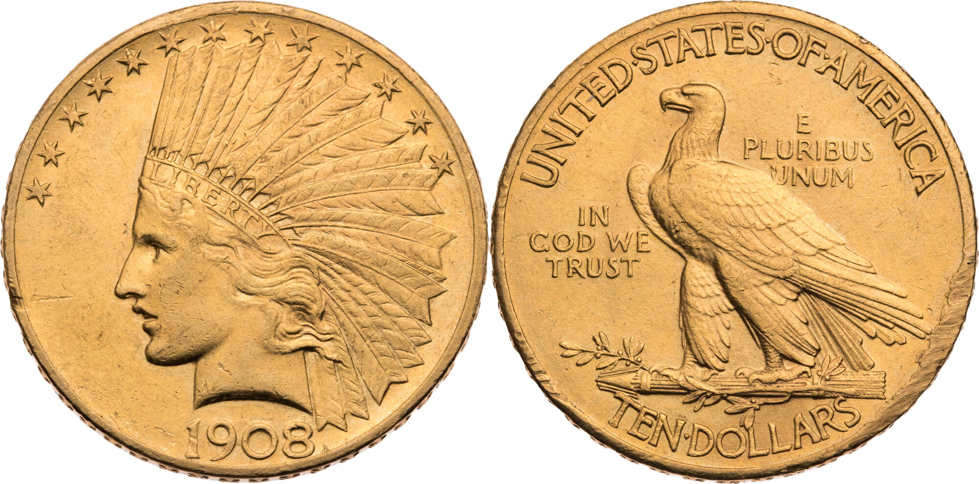 USA 10 Dollars 1908 Indian Head - Kursmünze (1908-1933) kl. Kratzer, Rs ...