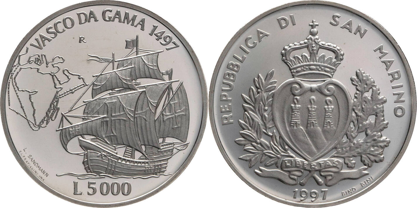 San Marino 5000 Lire 1997 R Vasco da Gama Proof (gekapselt) | MA-Shops