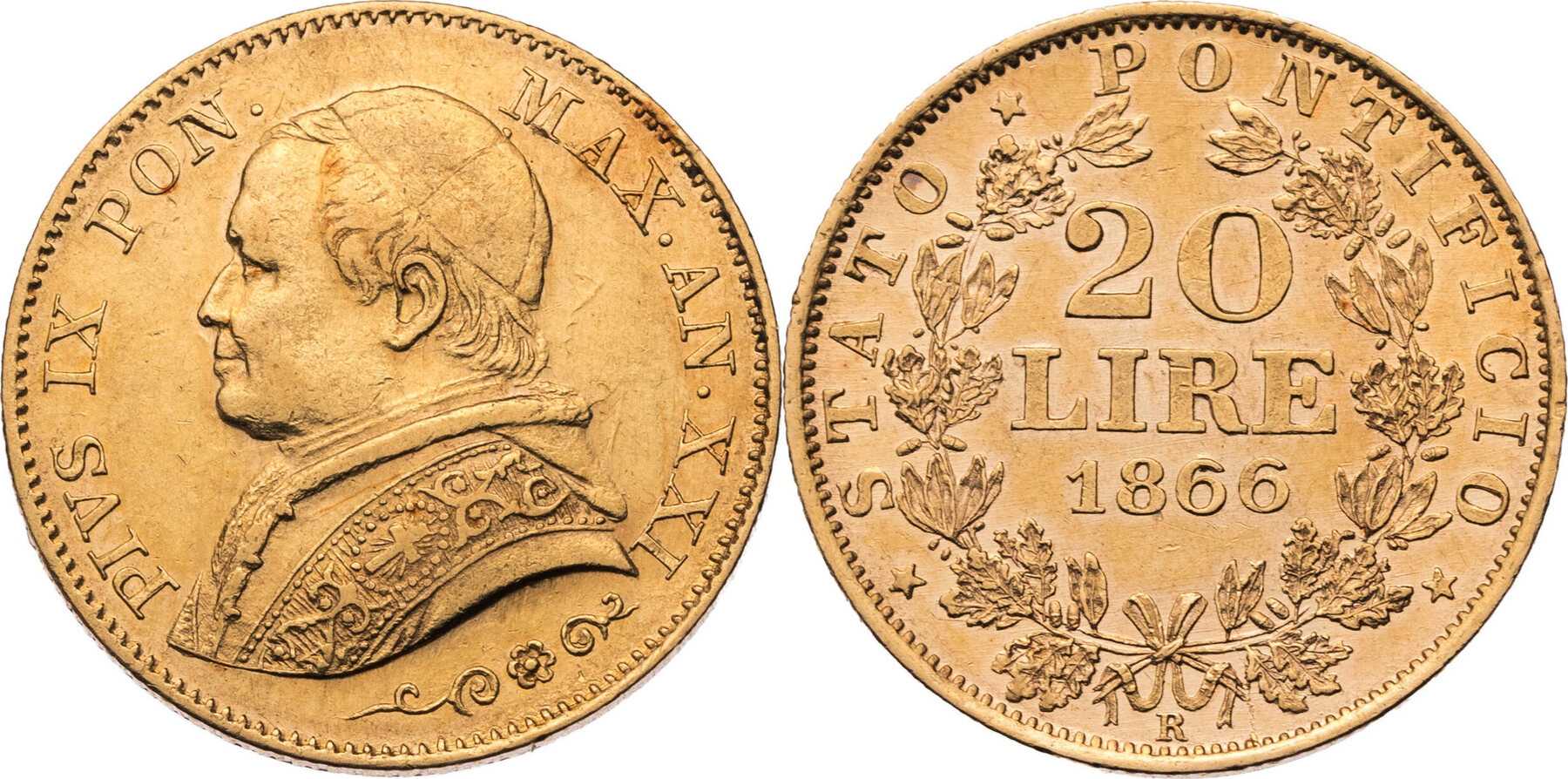 Vatikan 20 Lire 1866 R Pius IX. (1846-1878) - Jahr XXI VF-EF | MA-Shops