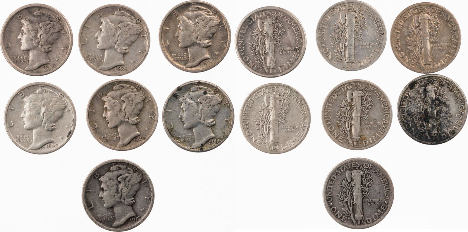 USA 7 x 1 Dime 1918-1943 Lot von 7 Mercury Dimes VF | MA-Shops