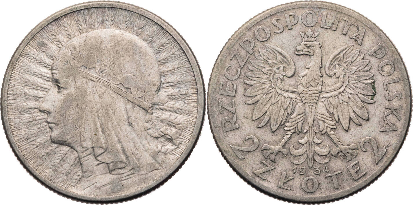 Polen, Republik 2 Zlote 1934 MW Polonia - Kursmünze (1932-1934) F-VF | MA-Shops