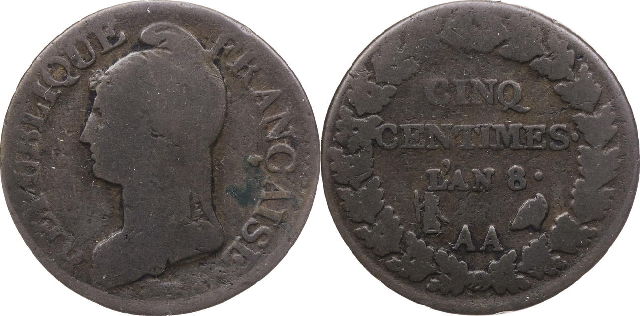 Frankreich, Erste Republik 5 Centimes L'AN 8 AA (1799) Kursmünze F-VF ...
