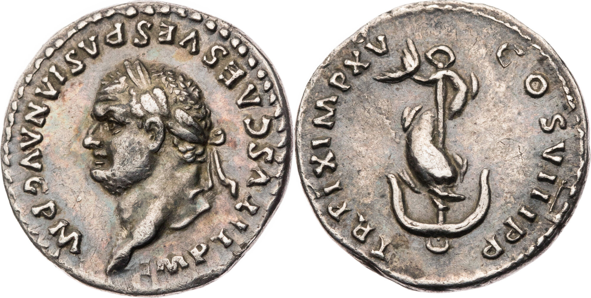 Römische Kaiserzeit Denar 80 n. Chr. Titus, Kopf / Delphin um Anker, R ...