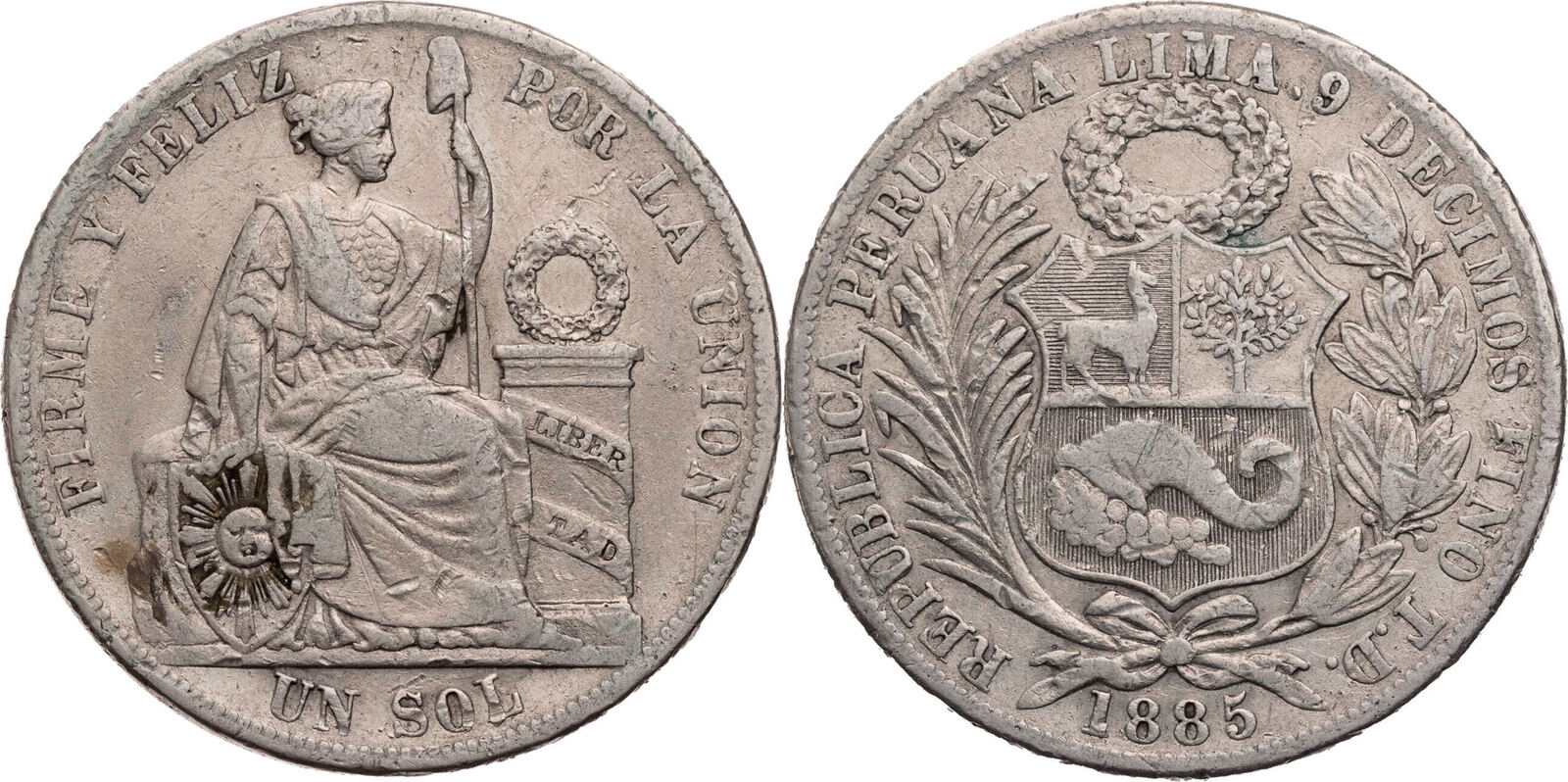 Peru 1 Sol 1885 TD Kursmünze (1864-1916) F, Rf. | MA-Shops