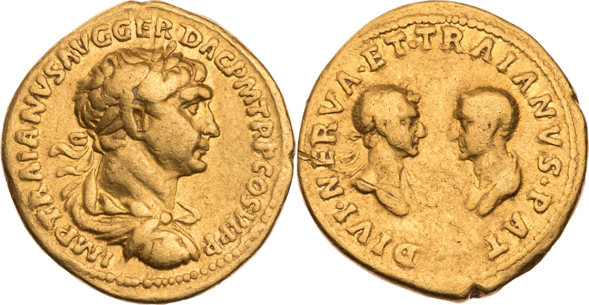 Römische Kaiserzeit Aureus 112/113 n. Chr. Traianus mit Divus Nerva und ...