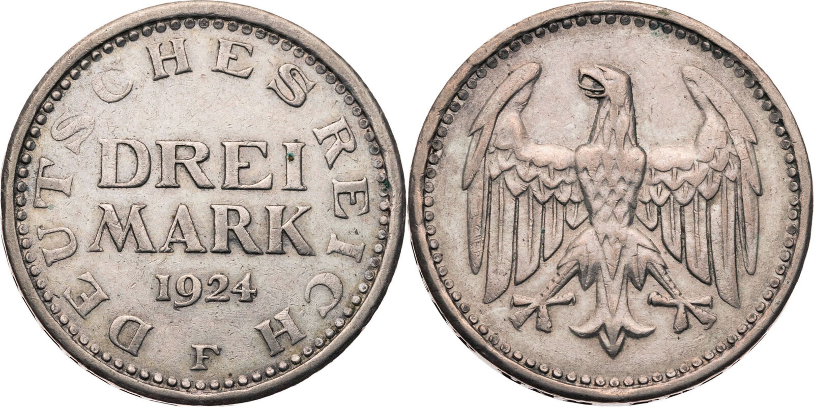 Weimarer Republik 3 Mark 1924 F Kursmünze VF | MA-Shops