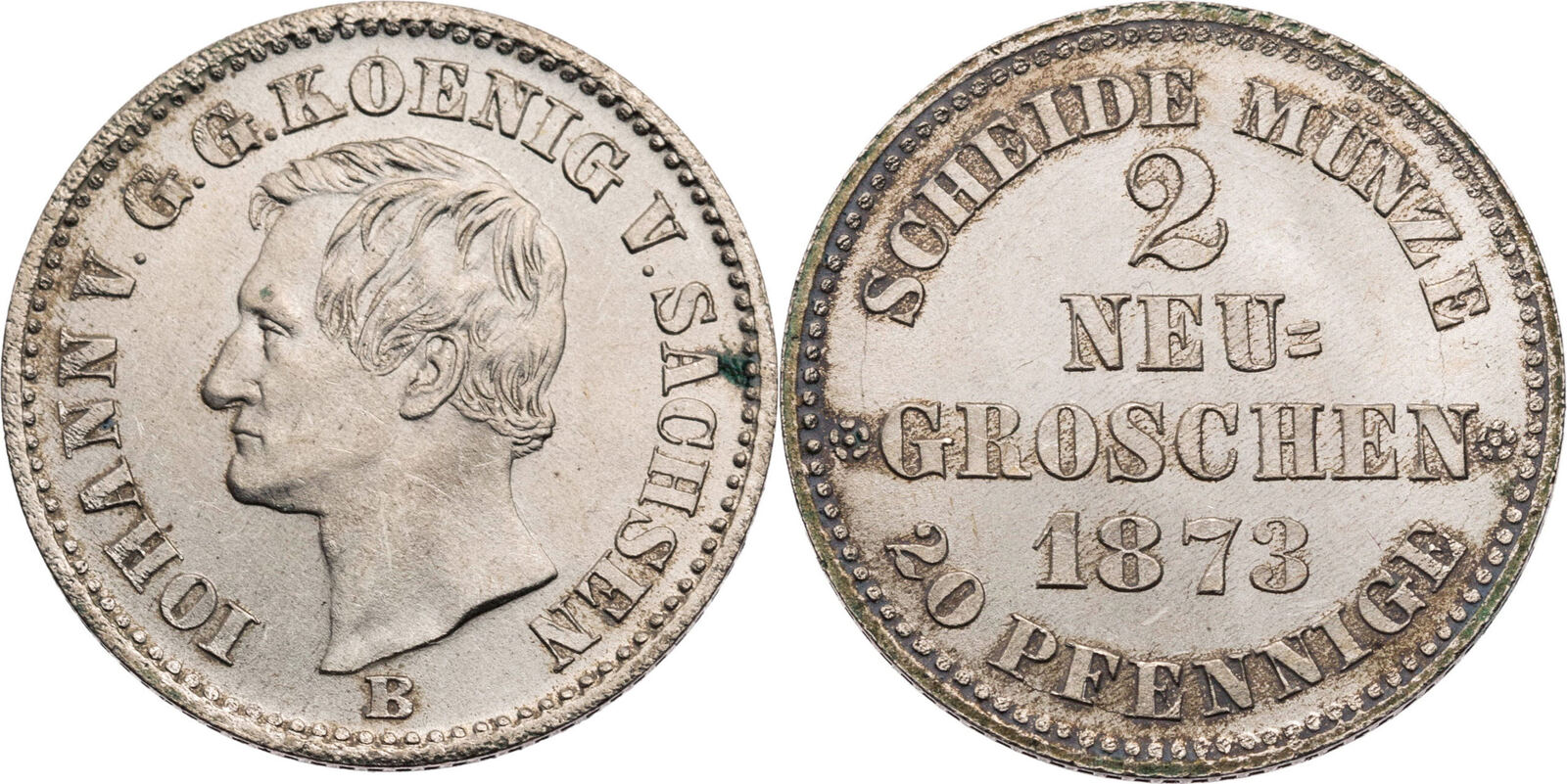 Sachsen, Albertinische Linie 2 Neugroschen (20 Pfennig) 1873 B Johann (1854–1873) - Kursmünze ...