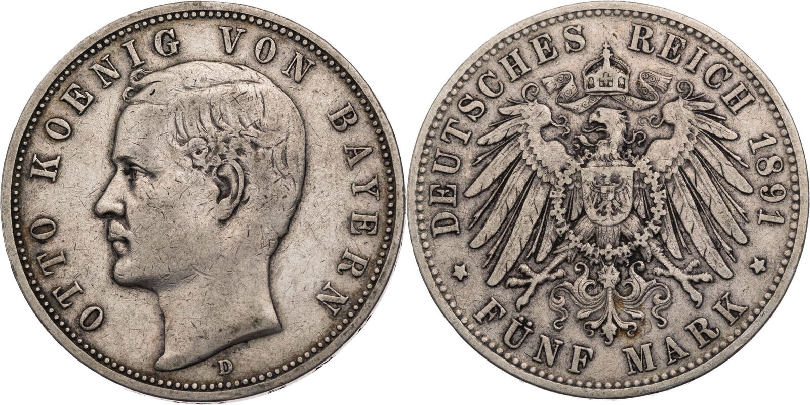 Kaiserreich, Bayern 5 Mark 1891 D Otto von Bayern (1886-1913) VF | MA-Shops