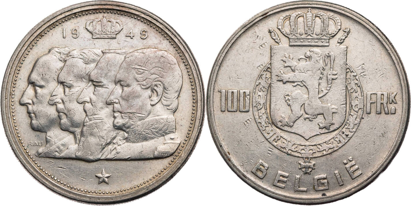 Belgien 100 Frank (100 Francs) 1949 Leopold I., Leopold II., Albert I ...