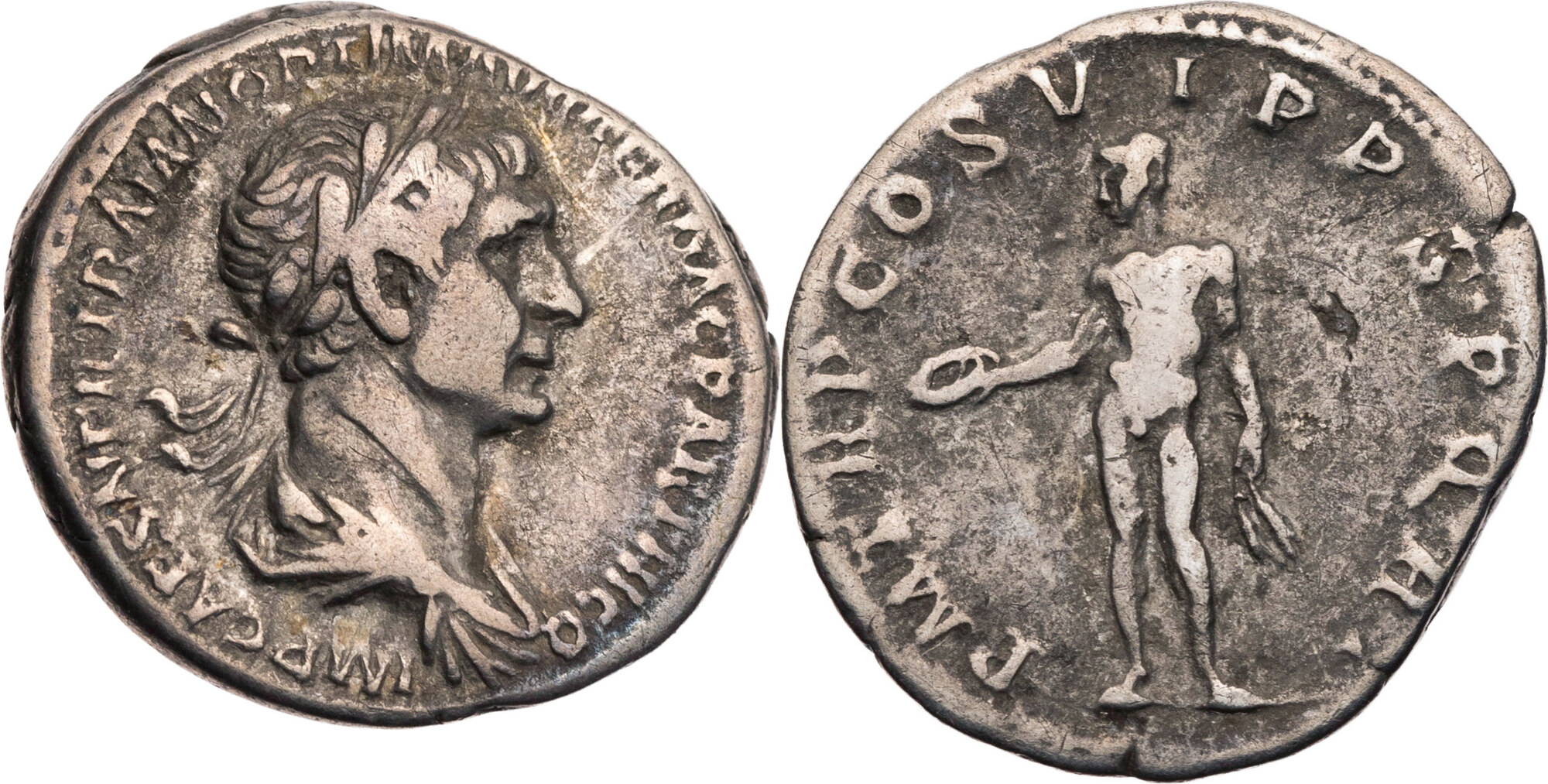 Römische Kaiserzeit Denar 116 n. Chr. Traianus, Büste / Bonus Eventus ...