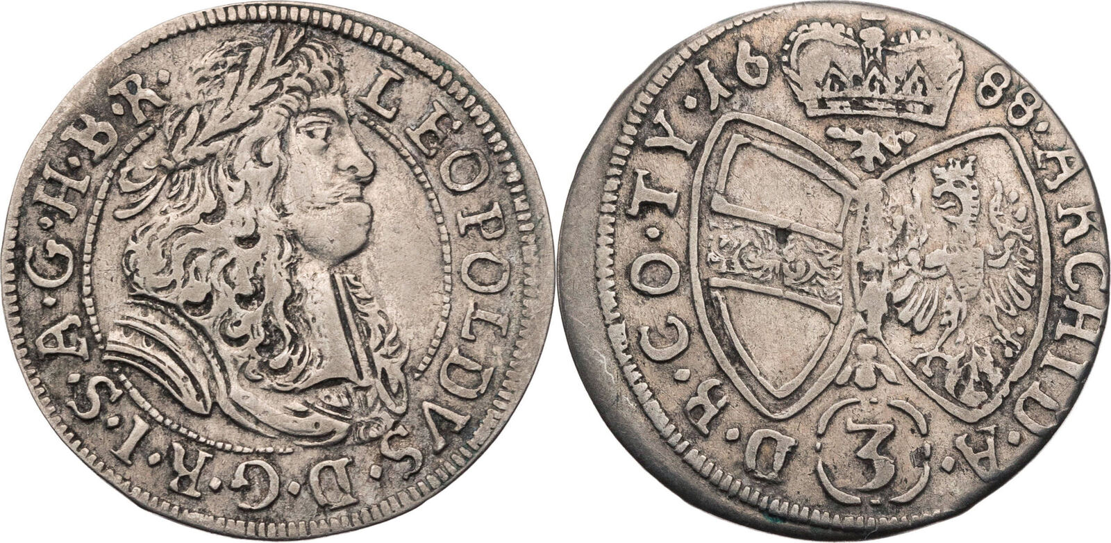 RDR, Österreich, Hall 3 Kreuzer 1688 Leopold I. (1658-1705) VF | MA-Shops