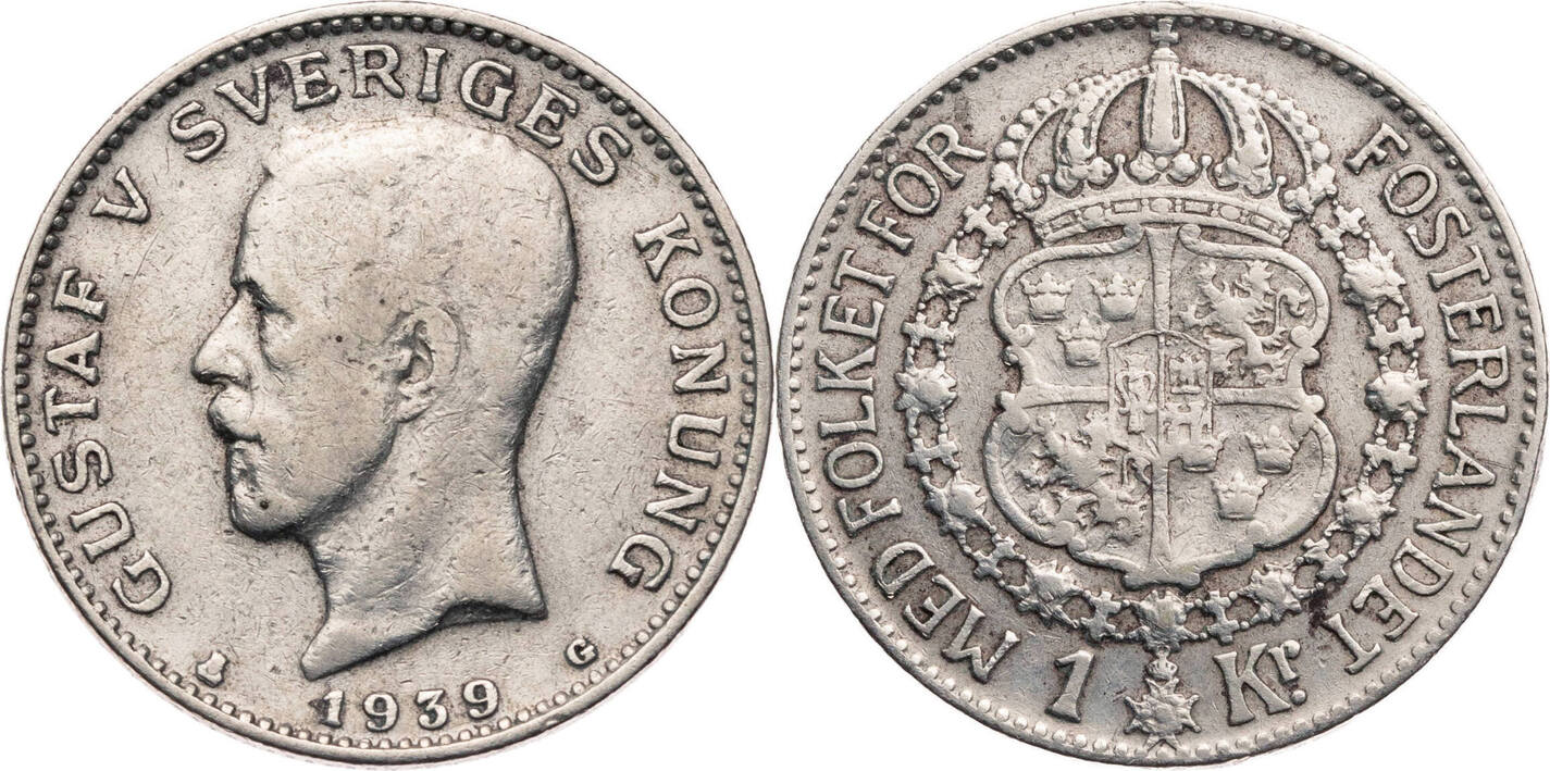 Schweden 1 Krona 1939 G Gustaf V. (1907-1950) - Kursmünze (1910-1942) F-VF | MA-Shops