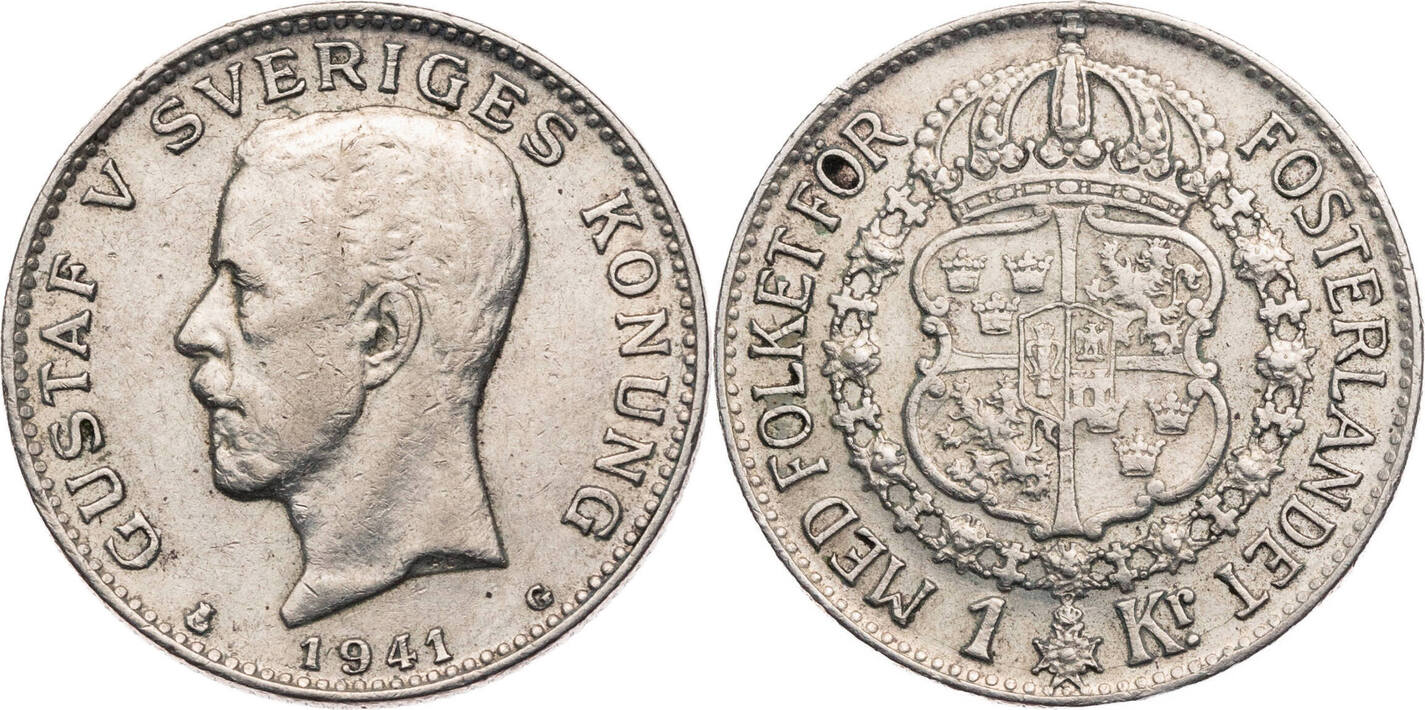 Schweden 1 Krona 1941 G Gustaf V. (1907-1950) - Kursmünze (1910-1942) F-VF | MA-Shops